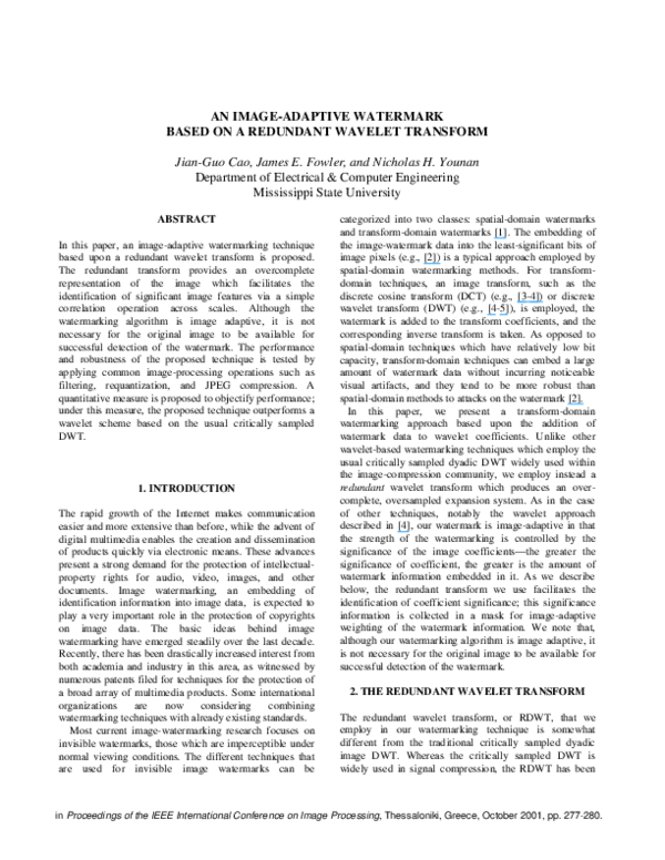 (PDF) An image-adaptive watermark based on a redundant wavelet transform