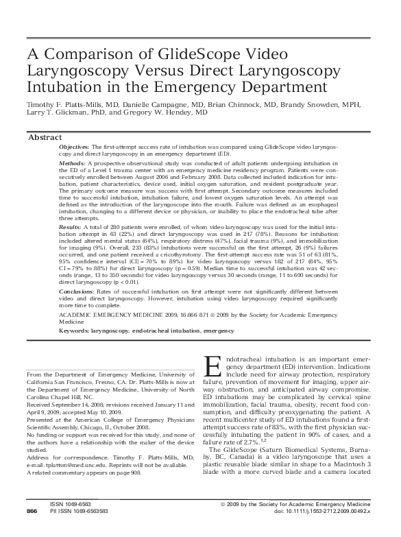 (PDF) A Comparison of GlideScope Video Laryngoscopy Versus Direct ...