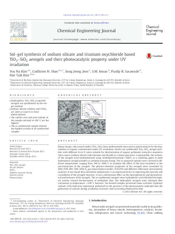 (PDF) Sol–gel synthesis of sodium silicate and titanium oxychloride based TiO2–SiO2 aerogels and ...
