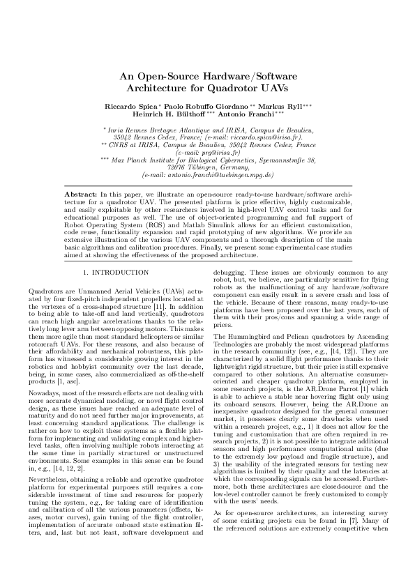 Pdf An Open Source Hardware Software Architecture For Quadrotor Uavs