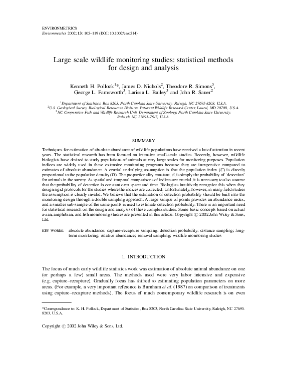 (PDF) Large scale wildlife monitoring studies: statistical methods for ...