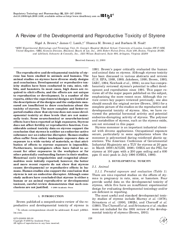 (PDF) A Review of the Developmental and Reproductive Toxicity of Styrene