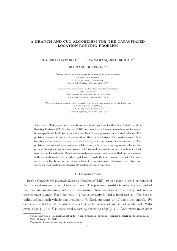 Pdf A Branch And Cut Method For The Capacitated Location Routing Problem