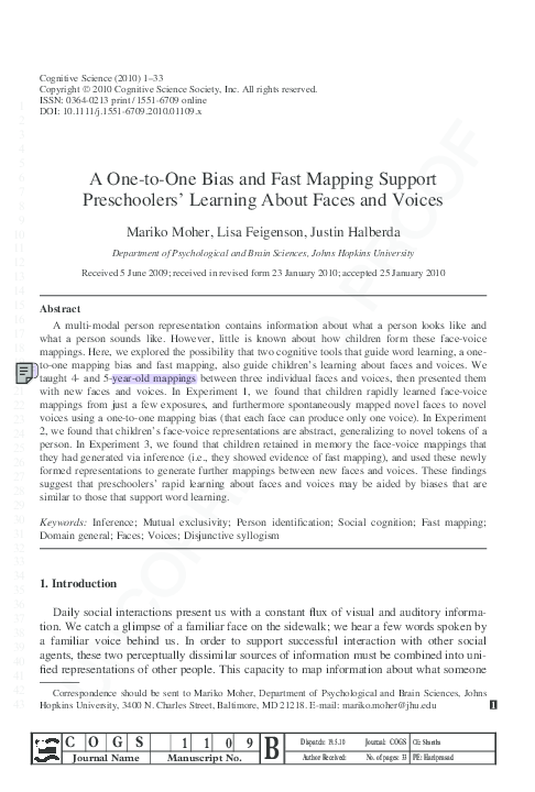 (PDF) A One-to-One Bias and Fast Mapping Support Preschoolers’ Learning ...