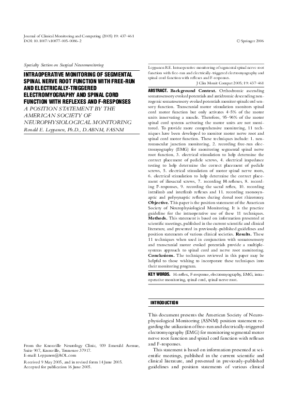 Pdf Intraoperative Monitoring Of Segmental Spinal Nerve Root Function With Free Run And