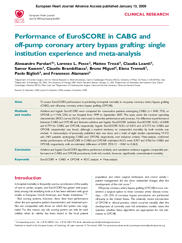 (PDF) Performance of EuroSCORE in CABG and off-pump coronary artery ...