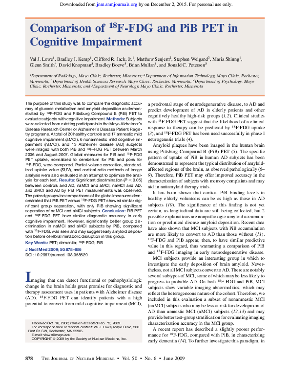 (PDF) Comparison of 18F-FDG and PiB PET in Cognitive Impairment