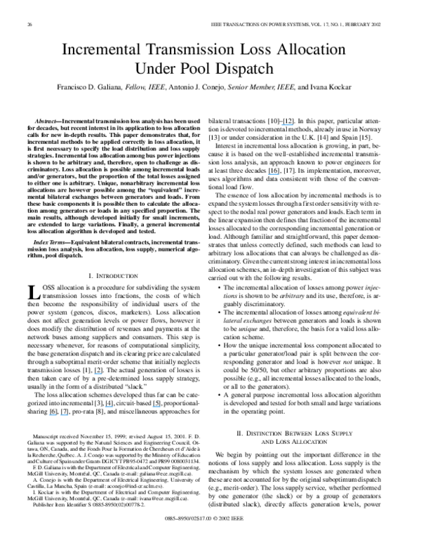 (PDF) Incremental transmission loss allocation under pool dispatch