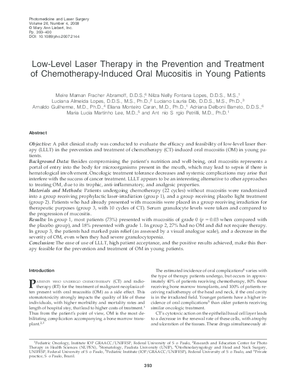 (PDF) Low-Level Laser Therapy in the Prevention and Treatment of Chemotherapy-Induced Oral ...