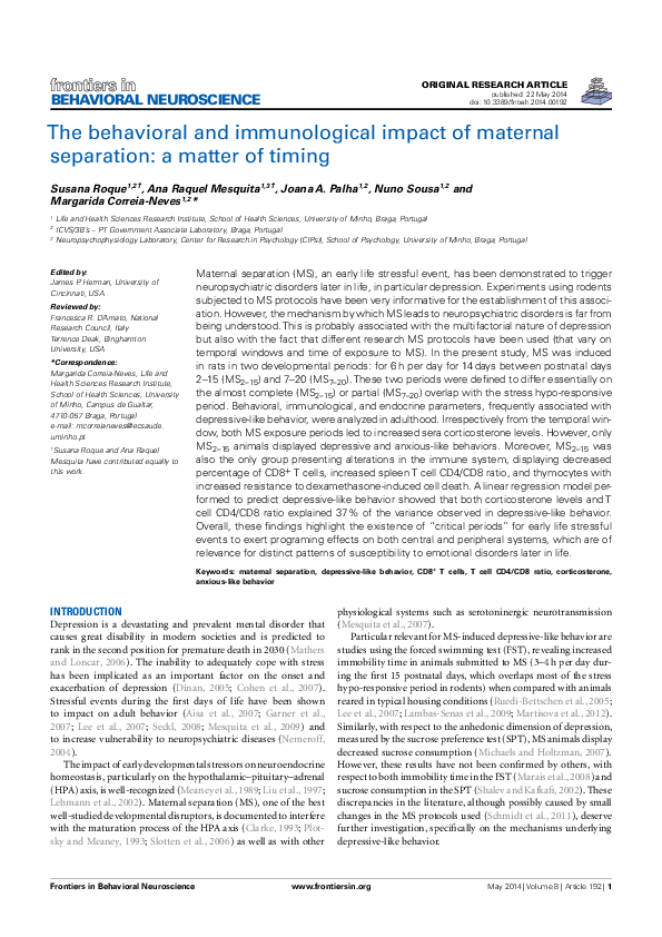(PDF) The Behavioral and Immunological Impact of Maternal Separation: A ...