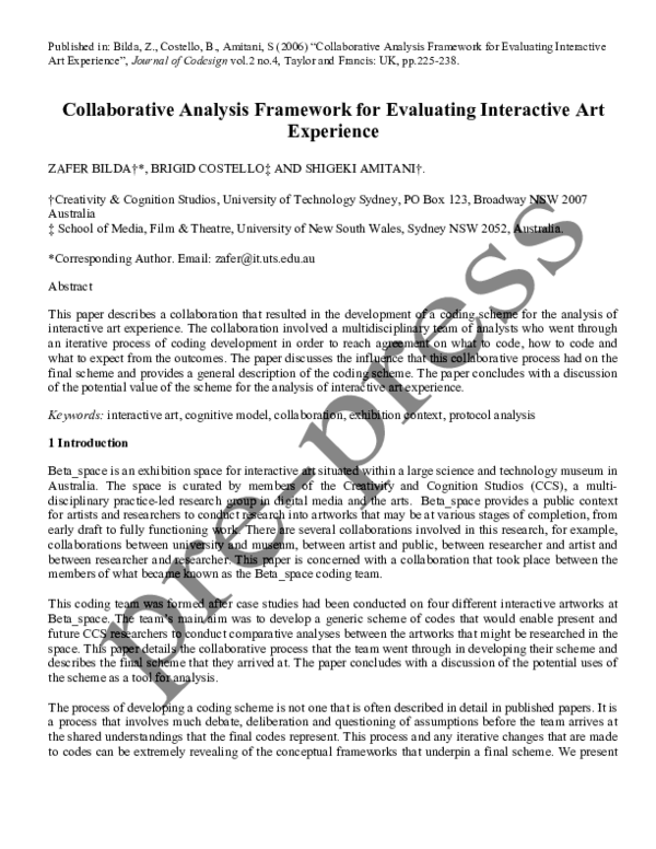 (PDF) Collaborative analysis framework for evaluating interactive art experience