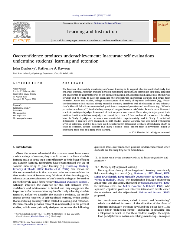 (PDF) Overconfidence produces underachievement: Inaccurate self ...