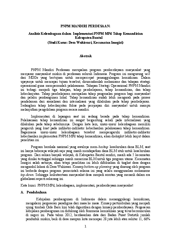 (DOC) Analisis Kelembagaan dalam Implementasi PNPM MPd Tahap Kemandirian Kabupaten Bantul (Studi ...