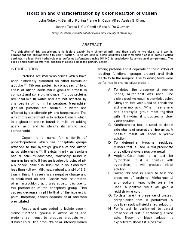 (DOC) Isolation and Characterization by Color Reaction of Casein
