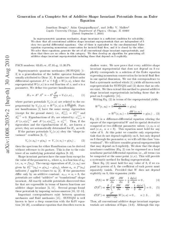 Pdf Generation Of A Complete Set Of Additive Shape Invariant Potentials From An Euler Equation