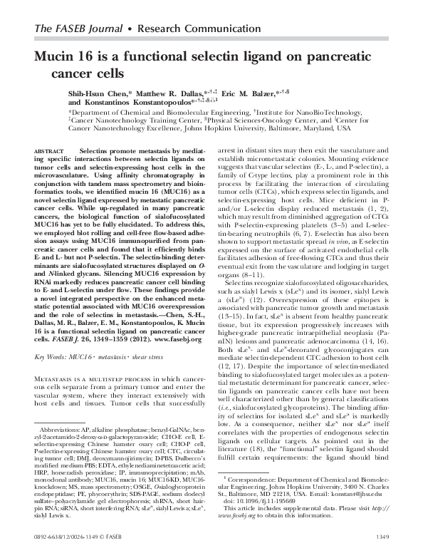 (PDF) Mucin 16 is a functional selectin ligand on pancreatic cancer cells