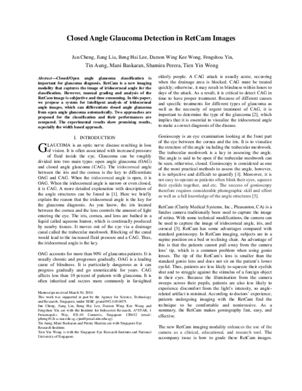 (PDF) Closed angle glaucoma detection in RetCam images