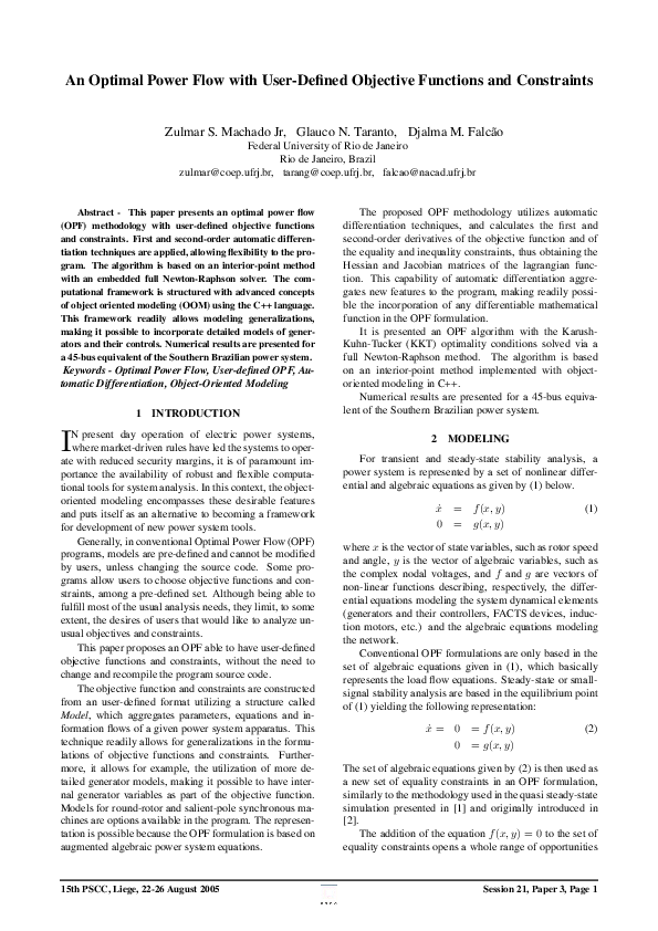 (PDF) An Optimal Power Flow with User-Defined Objective Functions and ...