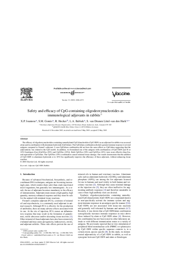 (PDF) Safety and efficacy of CpG-containing oligodeoxynucleotides as immunological adjuvants in ...