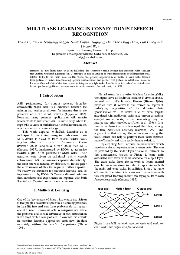 (PDF) MULTITASK LEARNING IN CONNECTIONIST SPEECH RECOGNITION