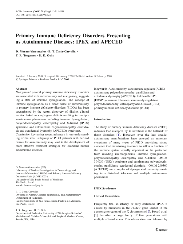 (PDF) Primary Immune Deficiency Disorders Presenting as Autoimmune Diseases: IPEX and APECED