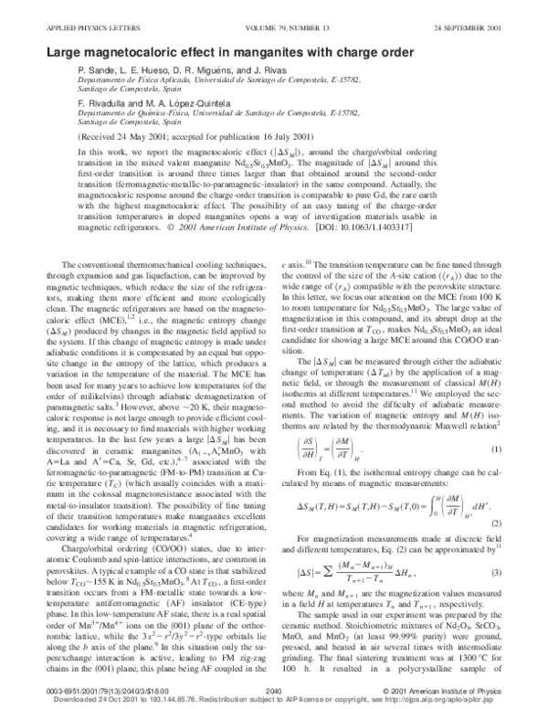(PDF) Large magnetocaloric effect in manganites with charge order