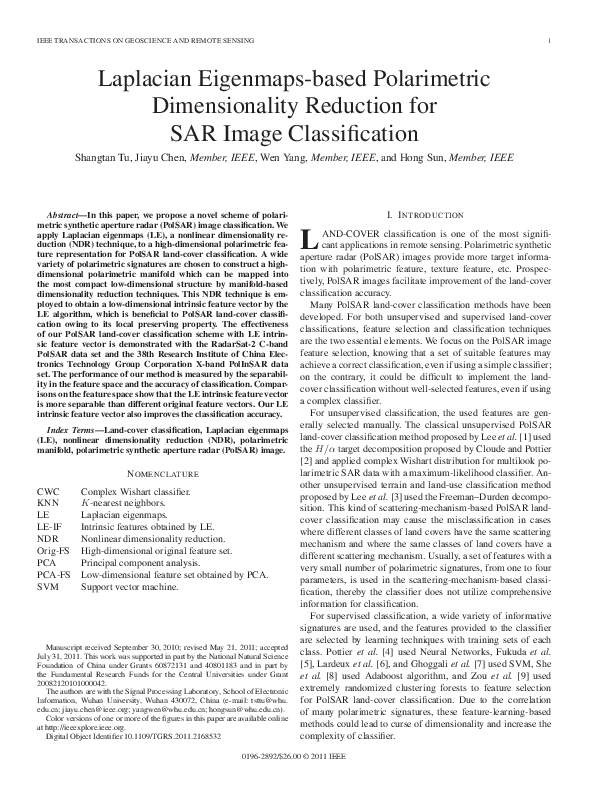 Pdf Laplacian Eigenmaps Based Polarimetric Dimensionality Reduction For Sar Image
