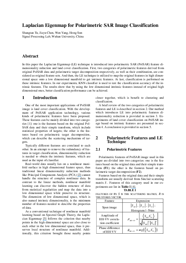 (PDF) Laplacian Eigenmap for Polarimetric SAR Image Classification