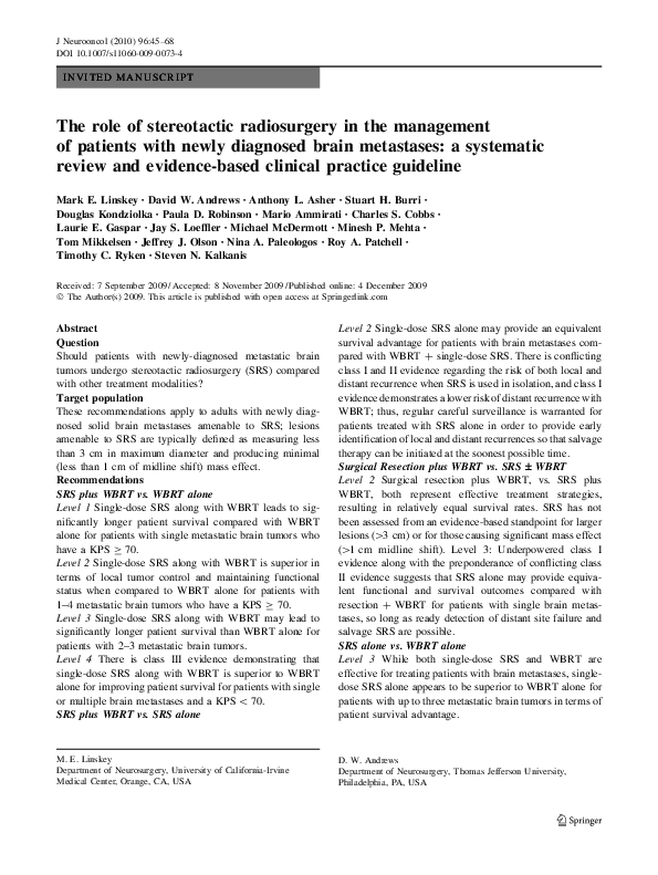 (PDF) The role of stereotactic radiosurgery in the management of patients with newly diagnosed ...