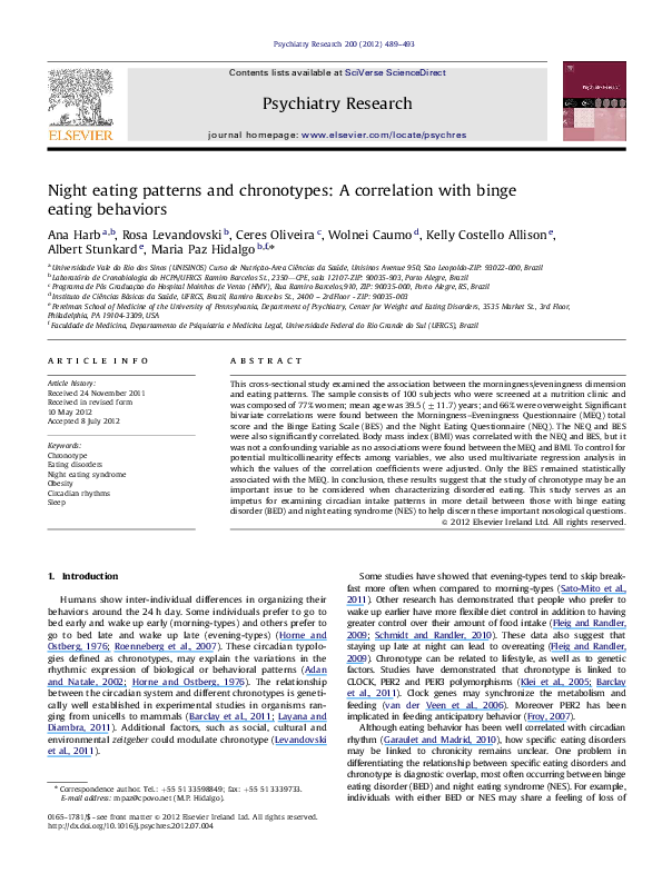 (PDF) Night eating patterns and chronotypes: A correlation with binge ...