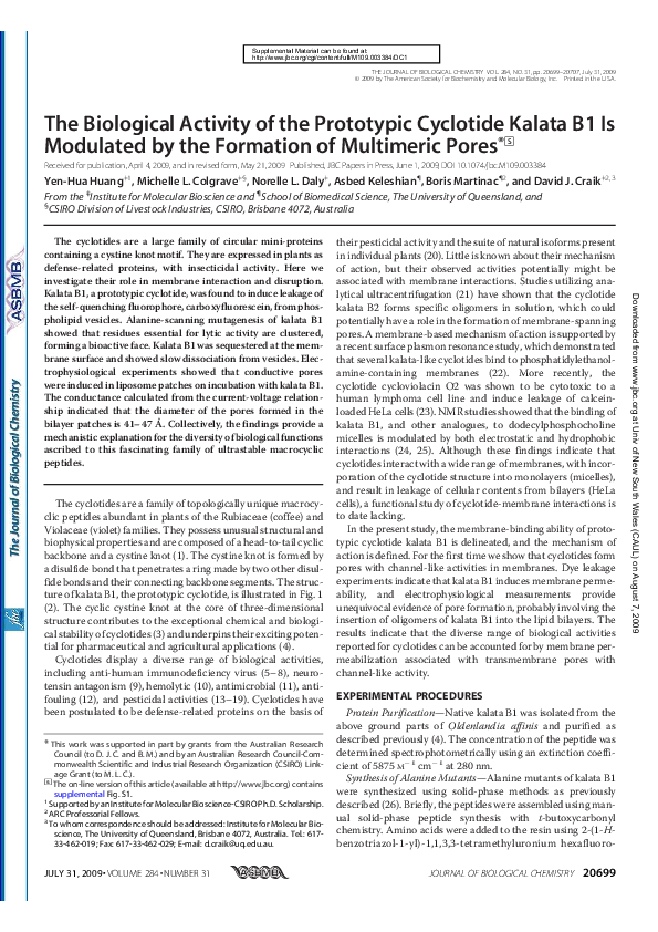 (PDF) The Biological Activity of the Prototypic Cyclotide Kalata B1 Is ...
