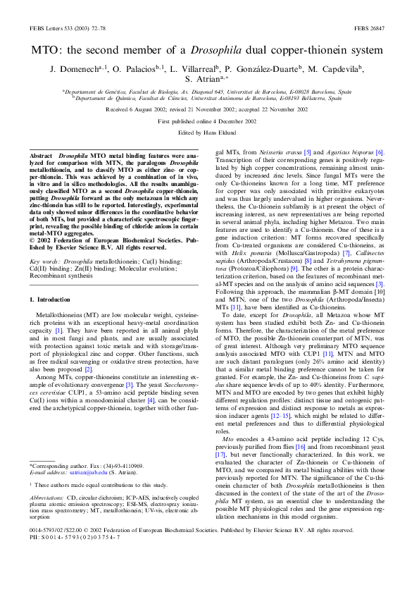 (PDF) MTO: the second member of a Drosophila dual copper-thionein system