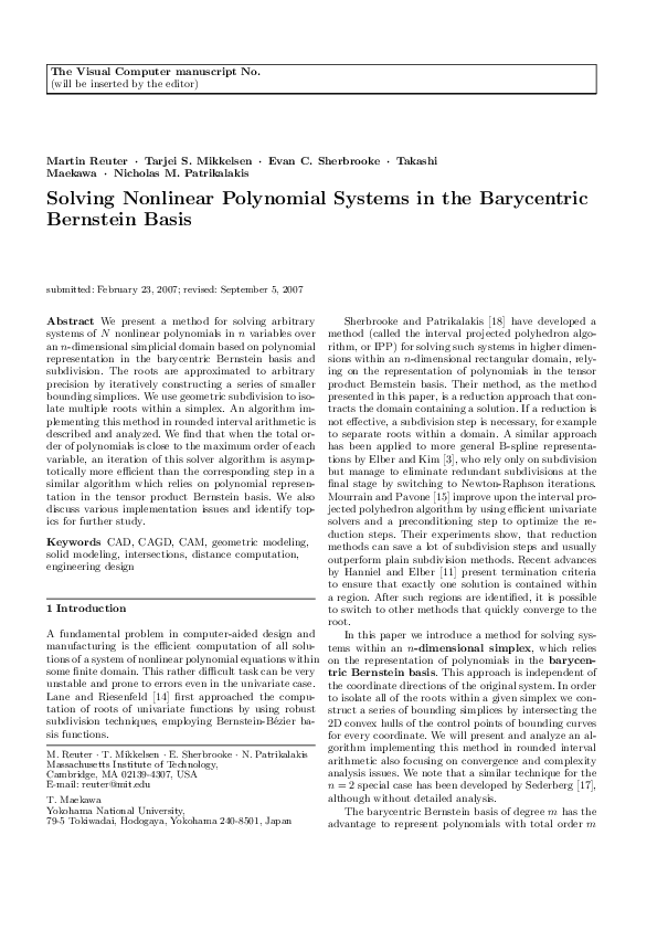 (PDF) Solving nonlinear polynomial systems in the barycentric Bernstein basis