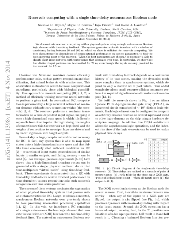 Pdf Reservoir Computing With A Single Time Delay Autonomous Boolean Node