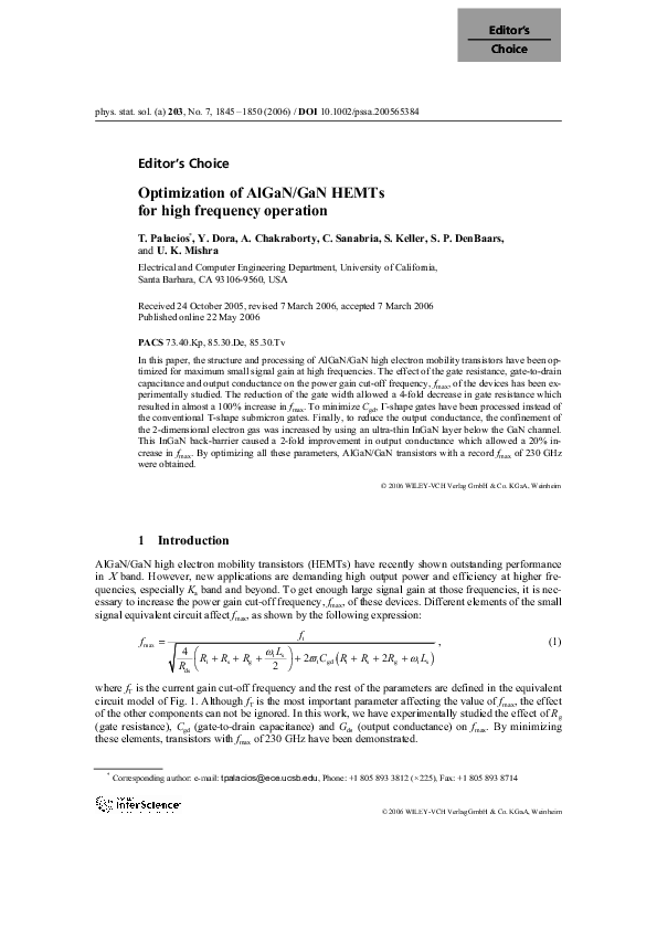 (PDF) Optimization of AlGaN/GaN HEMTs for high frequency operation