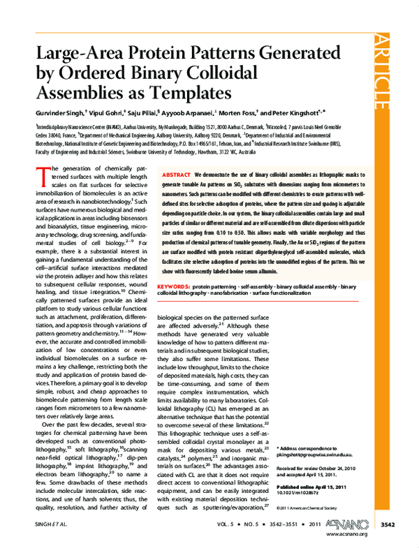 (PDF) Large-Area Protein Patterns Generated by Ordered Binary Colloidal ...
