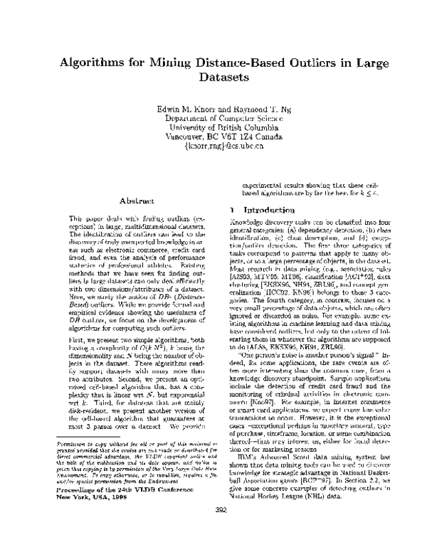 Pdf Algorithms For Mining Distance Based Outliers In Large Datasets