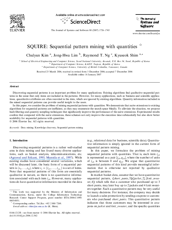 (PDF) SQUIRE: Sequential pattern mining with quantities | Raymond Ng - Academia.edu