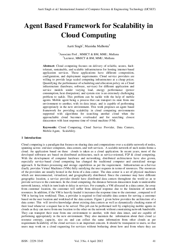 Pdf Agent Based Framework For Scalability In Cloud Computing