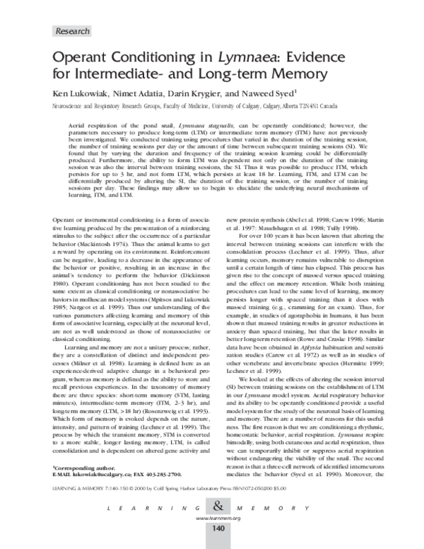 (PDF) Operant Conditioning in Lymnaea: Evidence for Intermediate- and ...
