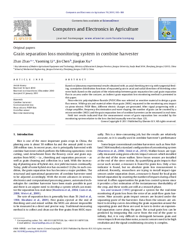 (PDF) Grain separation loss monitoring system in combine harvester
