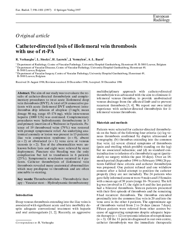 (PDF) Catheter-directed lysis of iliofemoral vein thrombosis with use ...