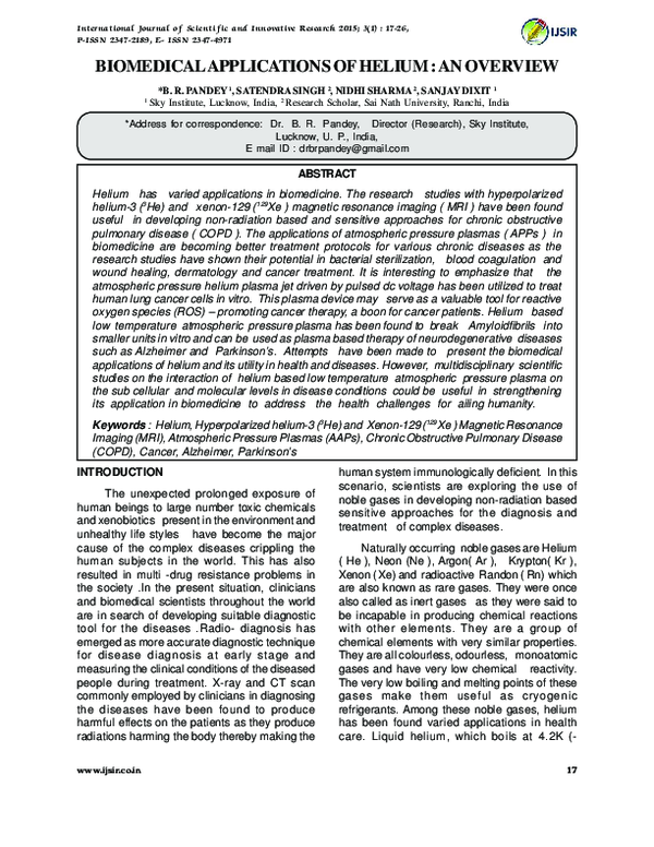 (PDF) BIOMEDICAL APPLICATIONS OF HELIUM : AN OVERVIEW