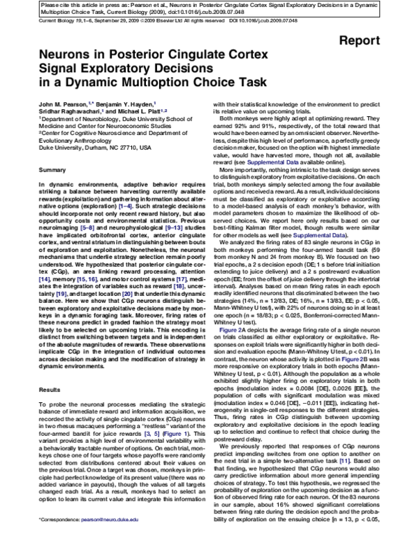 (PDF) Neurons in Posterior Cingulate Cortex Signal Exploratory ...