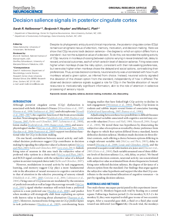 Pdf Decision Salience Signals In Posterior Cingulate Cortex