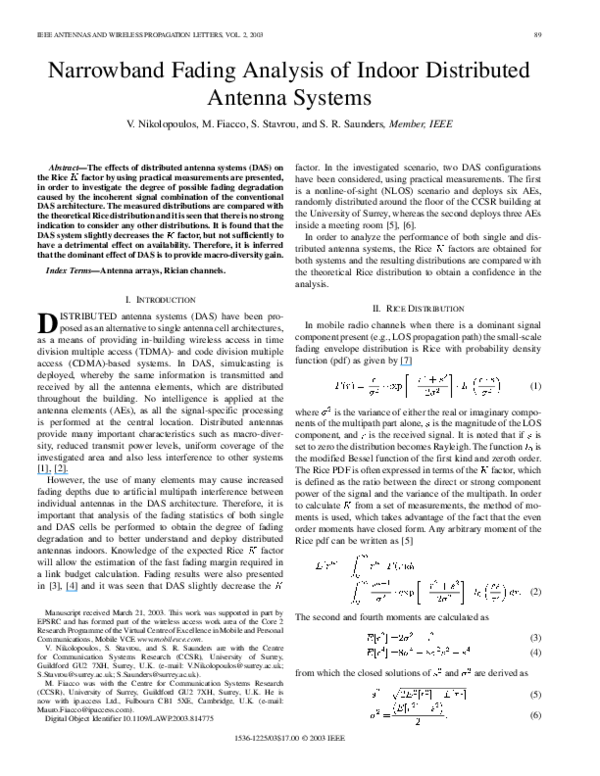 (PDF) Narrowband fading analysis of indoor distributed antenna systems