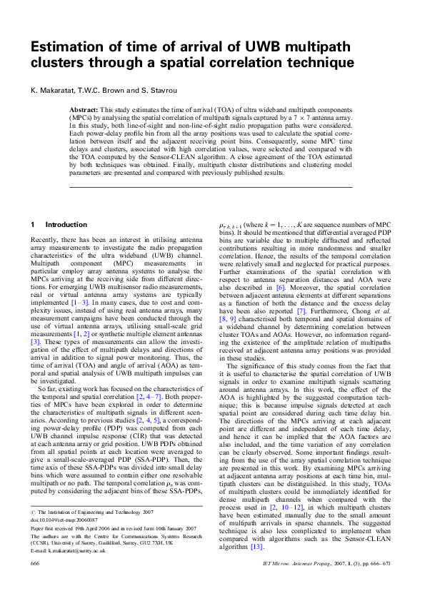 (PDF) Estimation of time of arrival of UWB multipath clusters through a spatial correlation ...