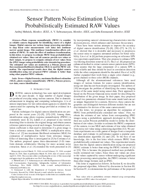 (PDF) Sensor Pattern Noise Estimation Using Probabilistically Estimated ...