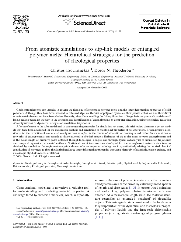 (PDF) From atomistic simulations to slip-link models of entangled polymer melts: Hierarchical ...