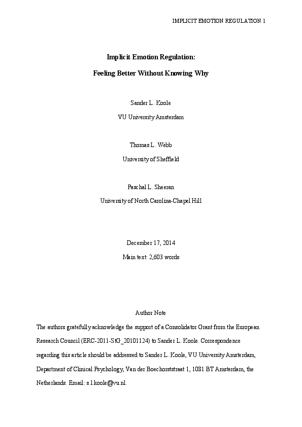 (PDF) Implicit emotion regulation: feeling better without knowing why